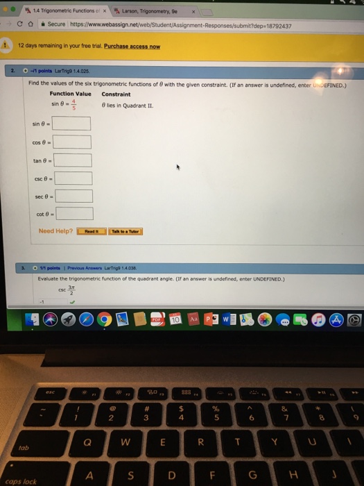 Solved 1.4 Trigorometric Functions o, x Larson, Trig ronery, | Chegg.com
