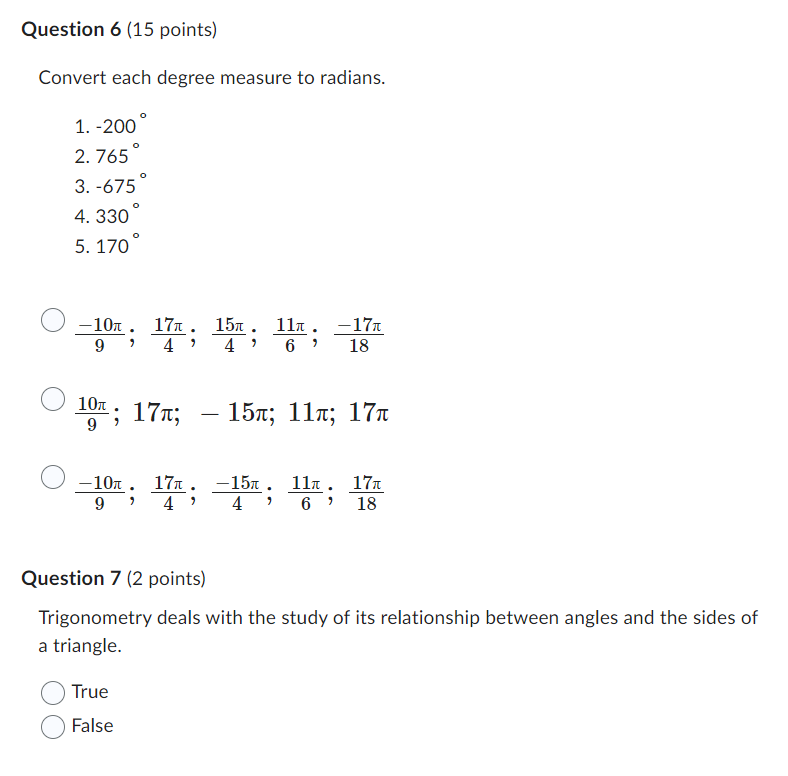 Solved Convert each degree measure to radians. 1. −200∘ 2. | Chegg.com