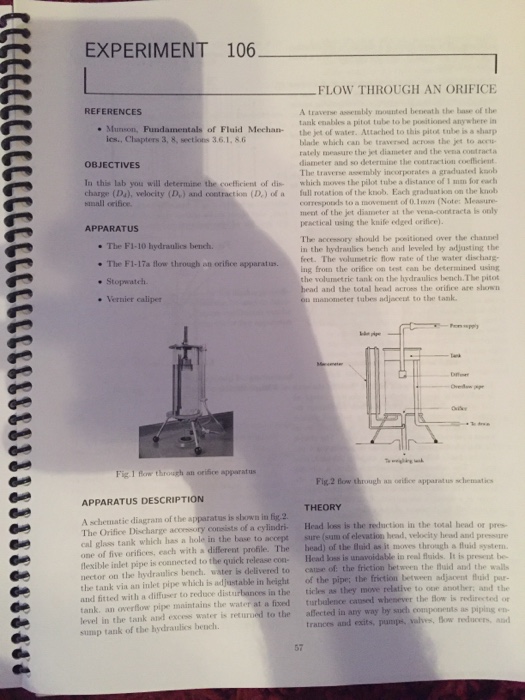 Solved EXPERIMENT 106 FLOW THROUGH AN ORIFICE A traverse | Chegg.com
