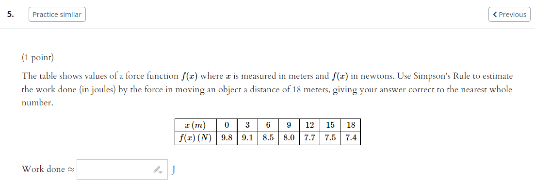 Solved The table shows values of a force function f(x) where | Chegg.com
