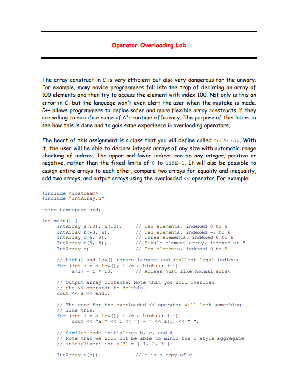 Solved Operator Overloading Lab The array construct in C is | Chegg.com