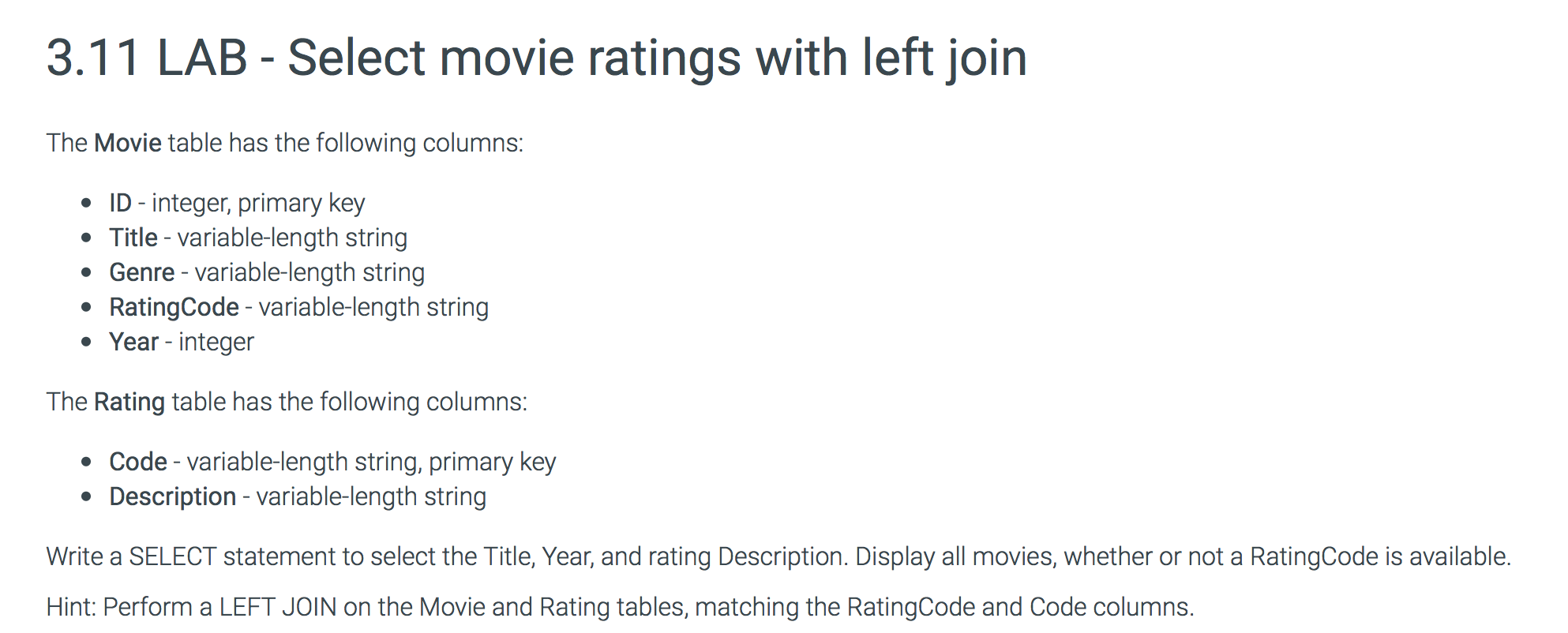Solved 3.11 LAB - Select movie ratings with left join The | Chegg.com