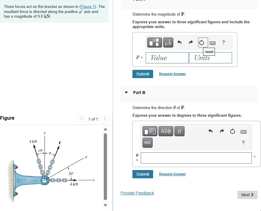 Solved Three Forces Act On The Bracket As Shown In The