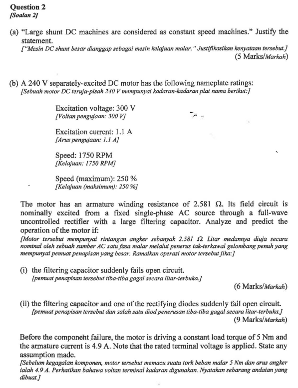 Solved Question 2 [Soalan 21 (a) “Large shunt DC machines | Chegg.com