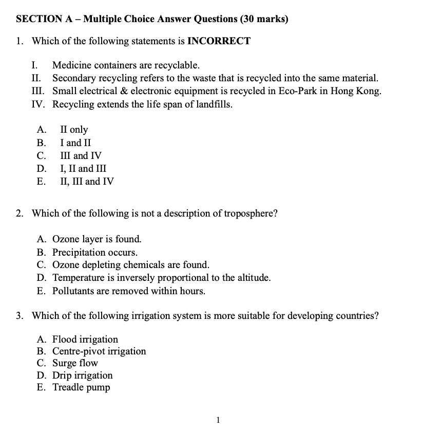 Solved Section A Multiple Choice Answer Questions 30 Chegg