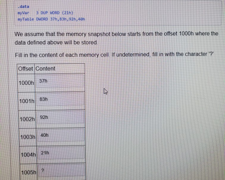 .data myVar 2 DUP BYTE (38) myTable WORD 12h, 56h, | Chegg.com