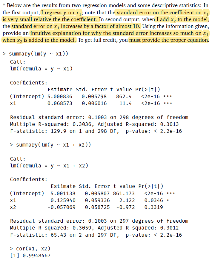 Solved * Below are the results from two regression models | Chegg.com