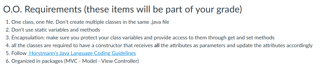 Solved O.O. Requirements (these items will be part of your | Chegg.com
