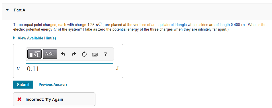 Solved Three equal point charges, each with charge 1.25μC, | Chegg.com