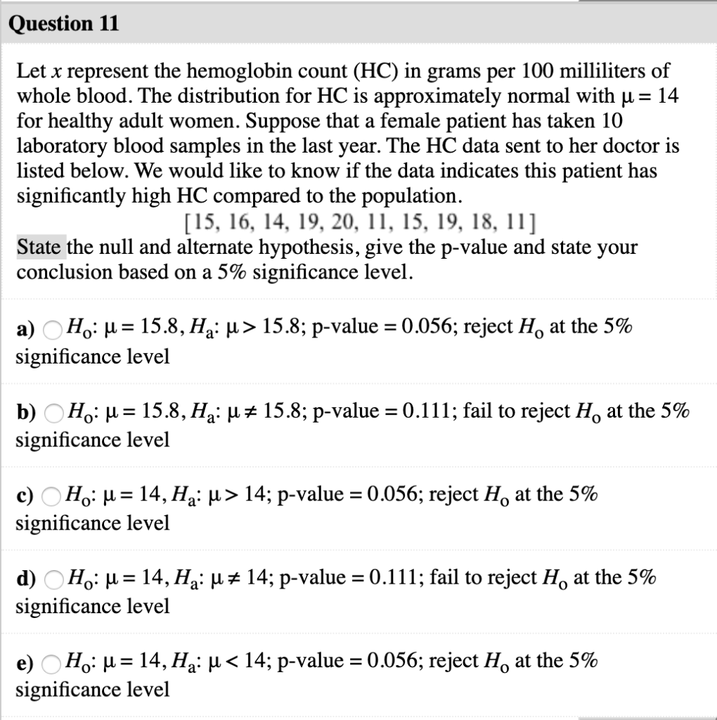 Solved Question 11 Let x represent the hemoglobin count (HC) | Chegg.com