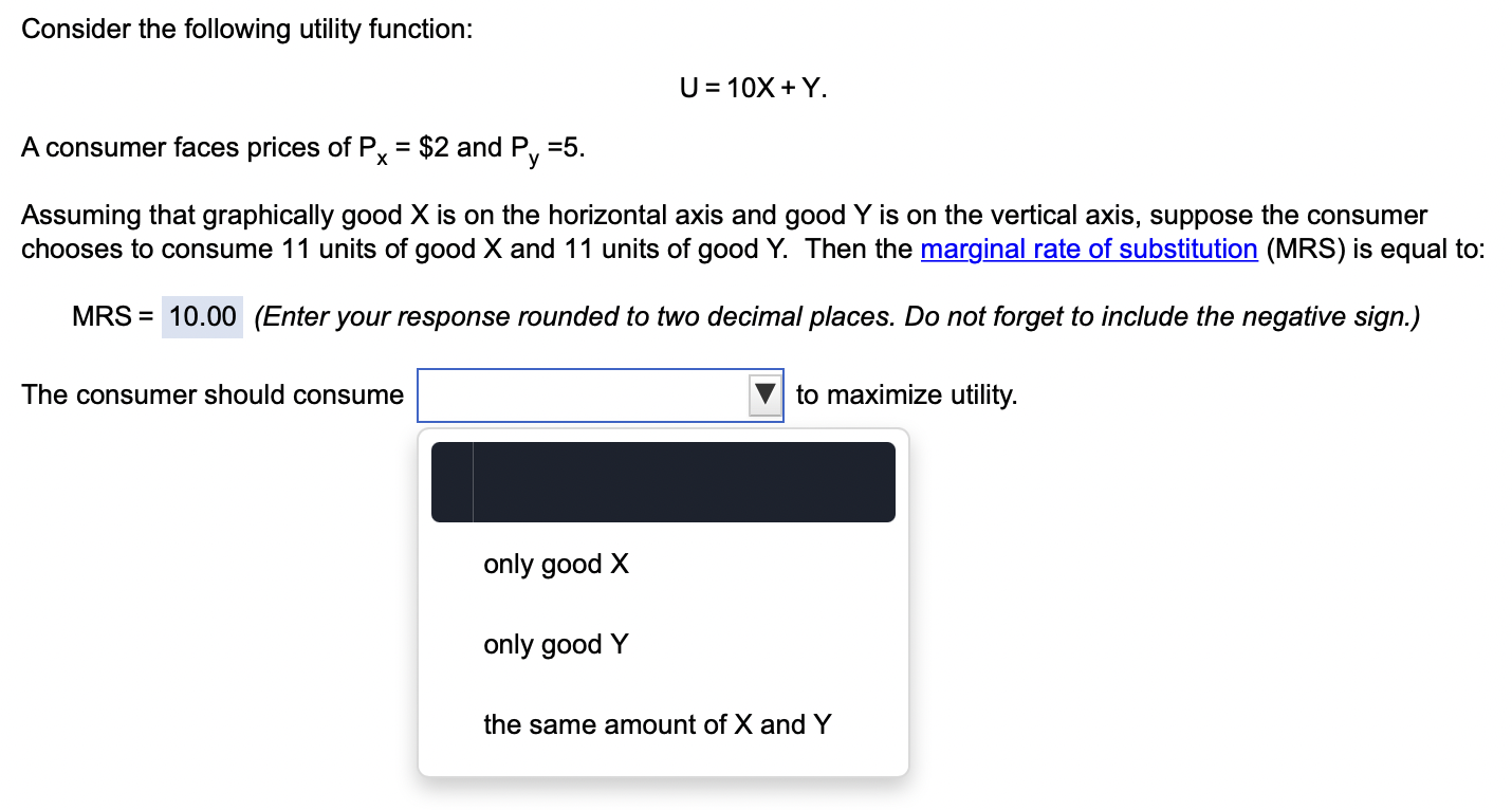 Consider the following utility function: U=10X+Y A | Chegg.com