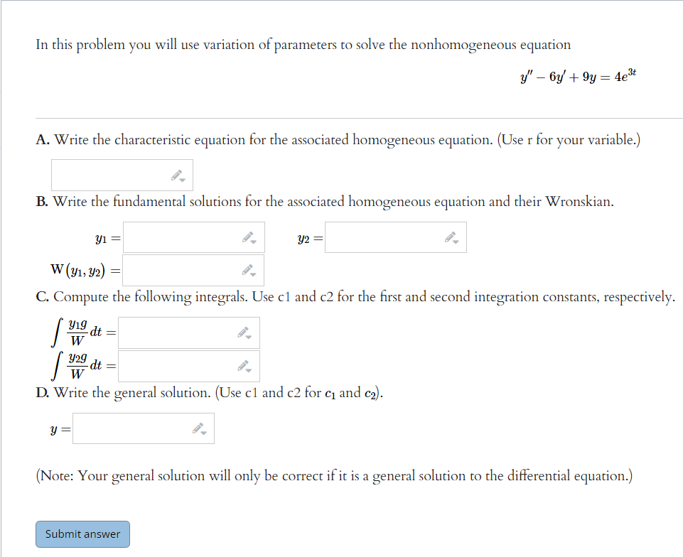 Solved In this problem you will use variation of parameters | Chegg.com