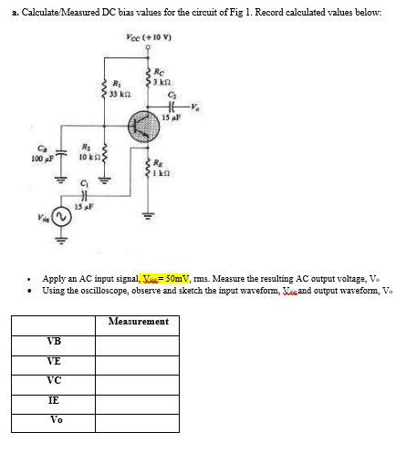 Solved a. Calculate Measured DC bias values for the circuit | Chegg.com