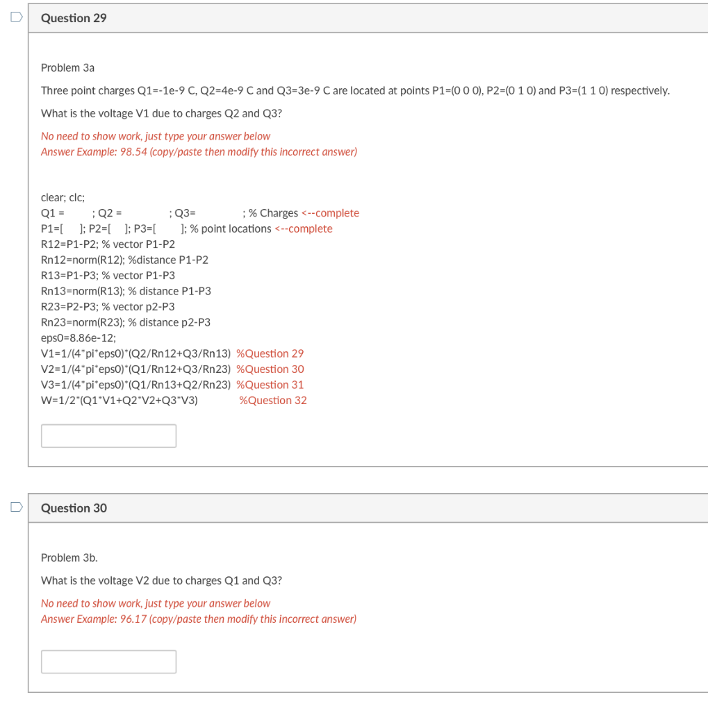 Solved Question 29 Problem 3a Three point charges Q1=-1e-9 | Chegg.com