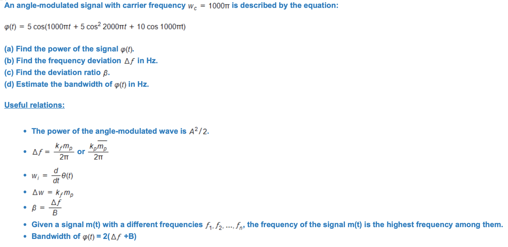 Solved An angle-modulated signal with carrier frequency we = | Chegg.com