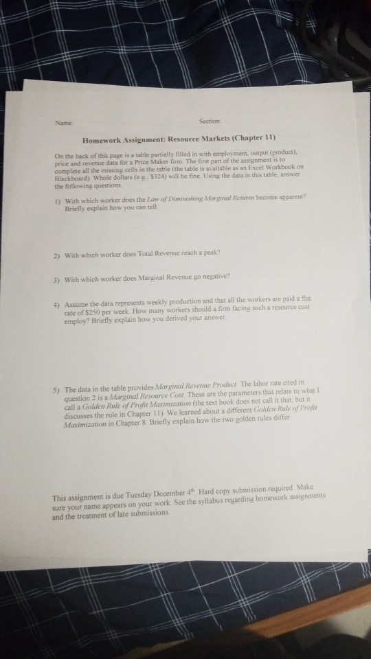 Solved Name Section Homework Assignment: Resource Markets | Chegg.com