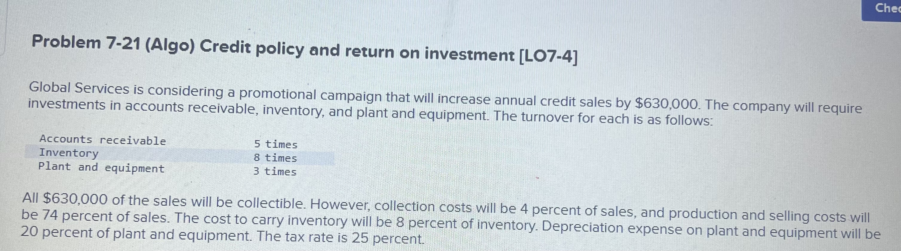 Solved Problem 7-21 (Algo) Credit policy and return on | Chegg.com