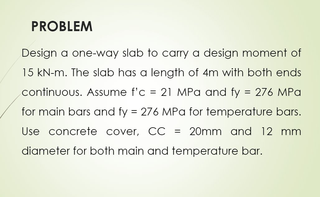 Solved PROBLEMDesign a one-way slab to carry a design moment | Chegg.com