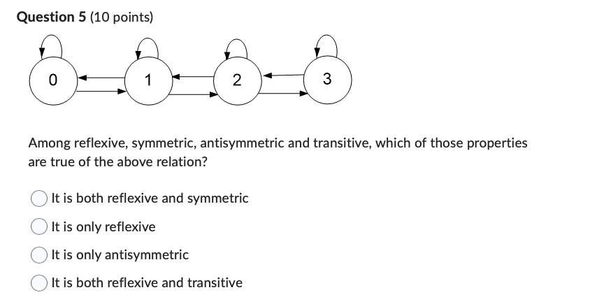 Solved Question 5 (10 points) Among reflexive, symmetric, | Chegg.com