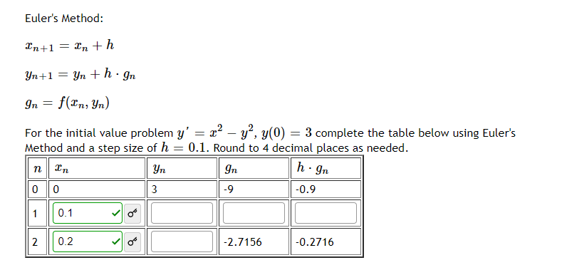 Solved Euler's Method: xn+1=xn+hyn+1=yn+h⋅gngn=f(xn,yn) For | Chegg.com