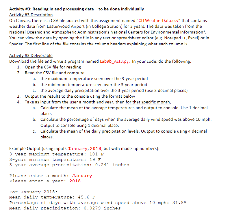Solved Activity #3: Reading in and processing data - to be | Chegg.com