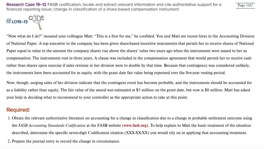 Solved Page 1167 Research Case 19-12 FASB codification; | Chegg.com