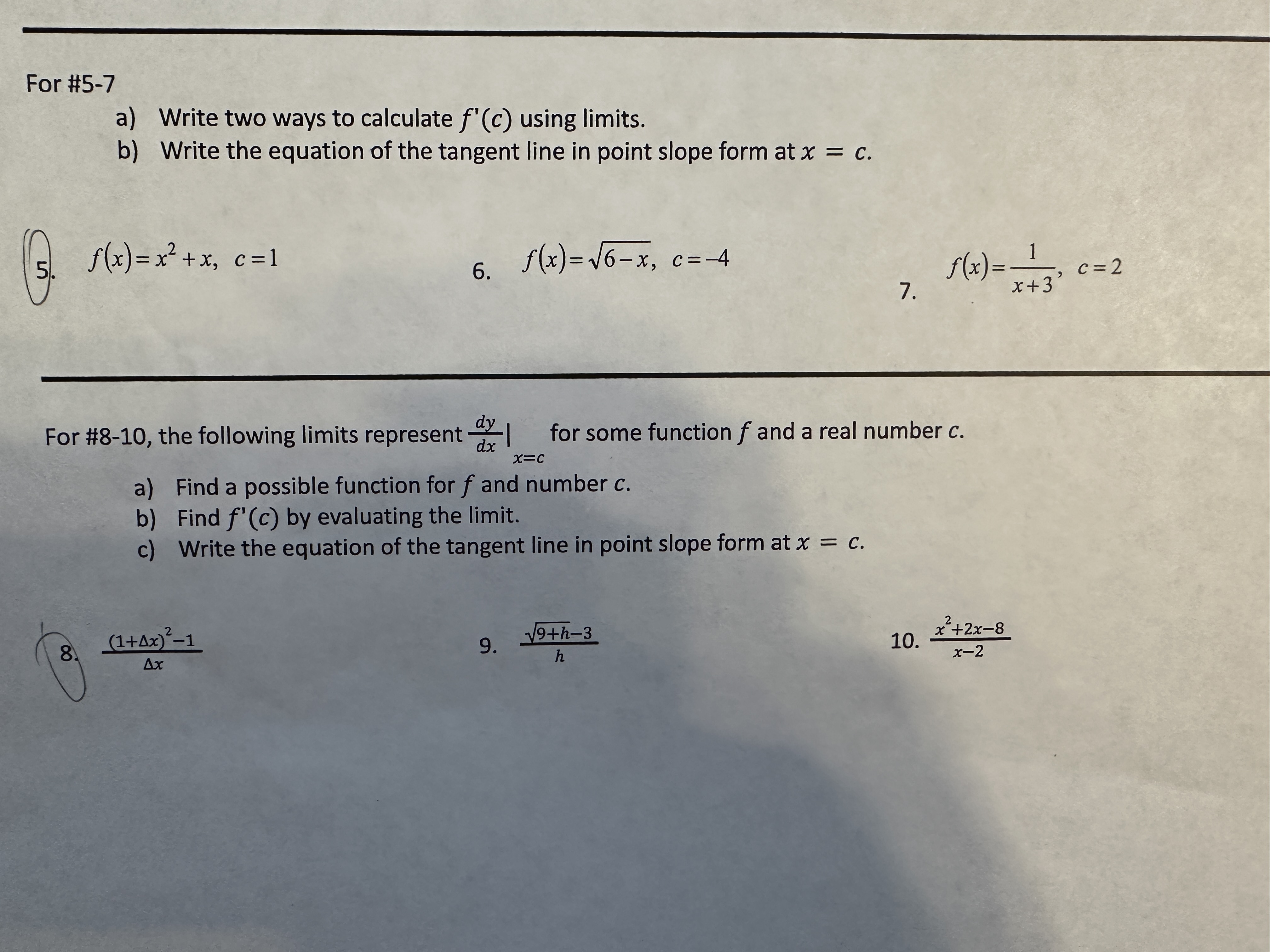 Solved For \#5-7 a) Write two ways to calculate f′(c) using | Chegg.com
