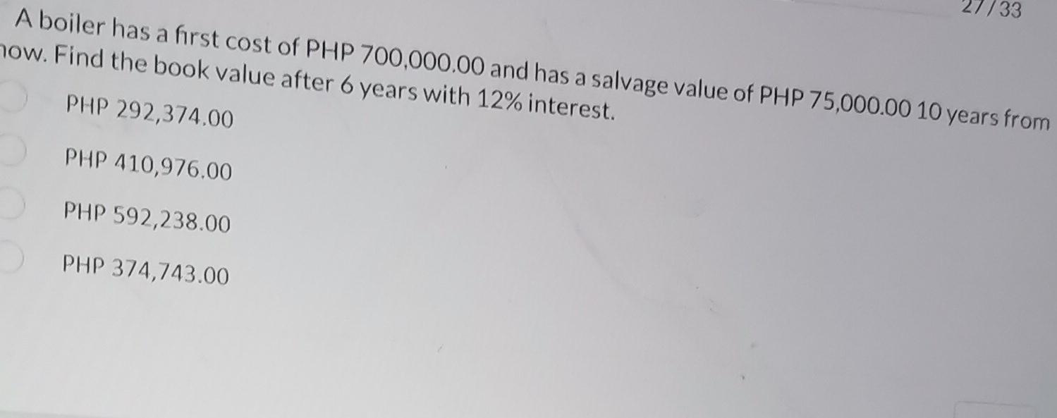 Solved A boiler has a first cost of PHP 700,000.00 and has a | Chegg.com