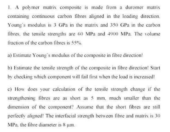 Solved 1. A polymer matrix composite is made from a duromer | Chegg.com