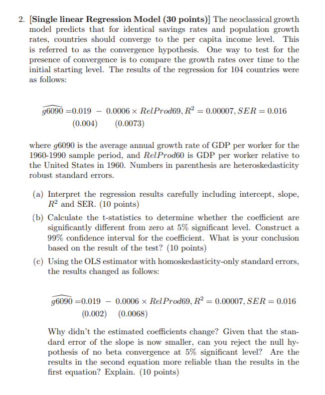 2. (Single linear Regression Model (30 points)] The | Chegg.com