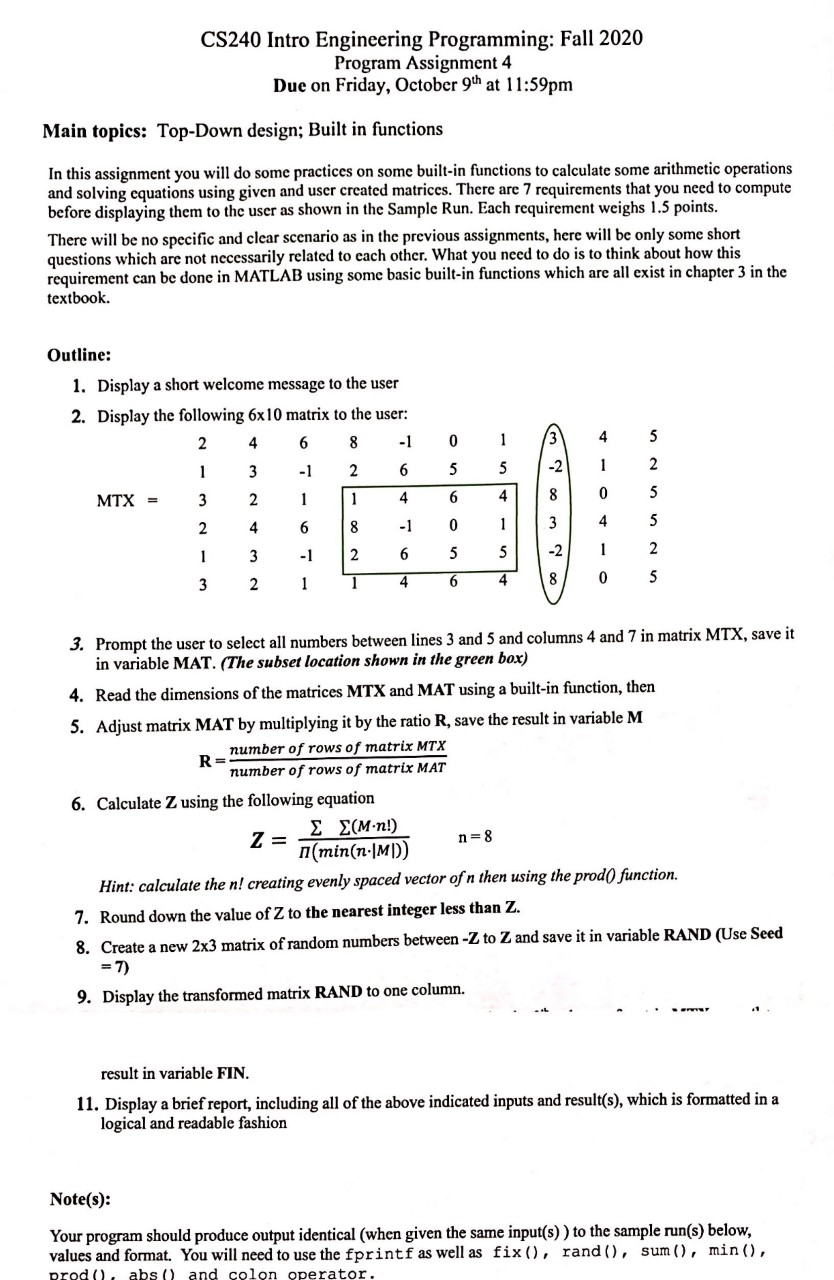 Solved CS240 Intro Engineering Programming: Fall 2020 | Chegg.com
