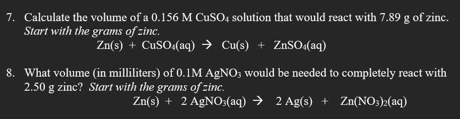 Solved 7. Calculate the volume of a 0.156 M CuSO4 solution | Chegg.com