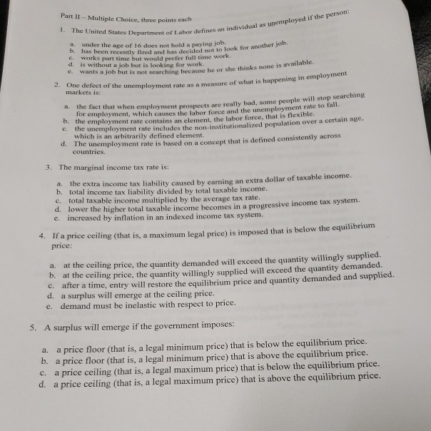 Solved Part II Multiple Choice, three points each . The | Chegg.com
