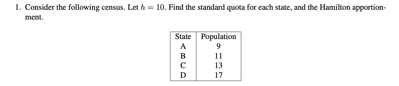 Solved 1. Consider the following census. Let h=10. Find the | Chegg.com