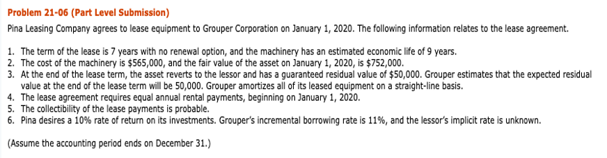 Solved Problem 21-06 (Part Level Submission) Pina Leasing | Chegg.com
