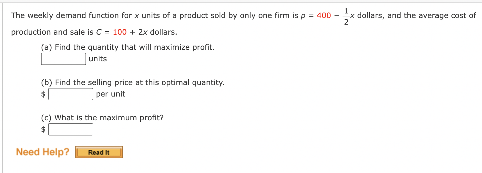 Solved The weekly demand function for x units of a product | Chegg.com