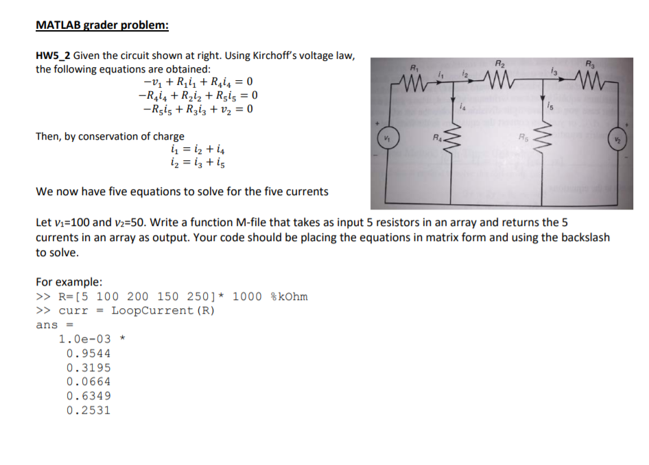 Solved MATLAB grader problem: R2 RE HW5_2 Given the circuit | Chegg.com