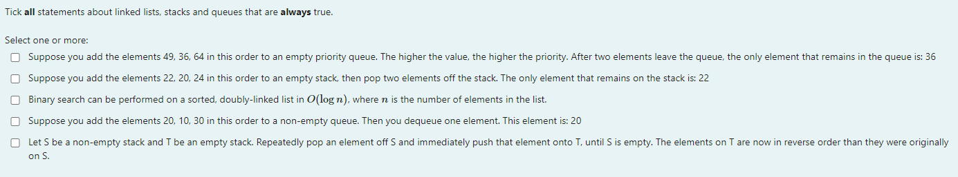 Solved Tick all statements about linked lists, stacks and | Chegg.com