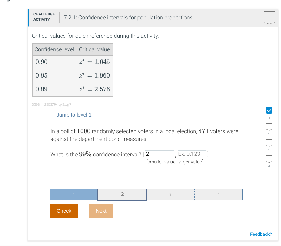 Solved CHALLENGE ACTIVITY 7.2.1: Confidence intervals for | Chegg.com