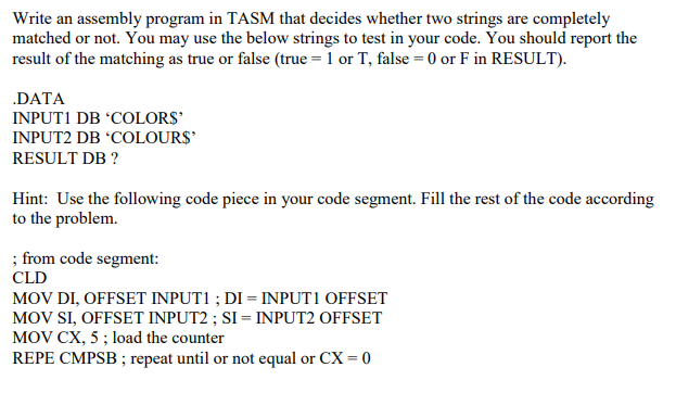 Solved Write An Assembly Program In Tasm That Decides 