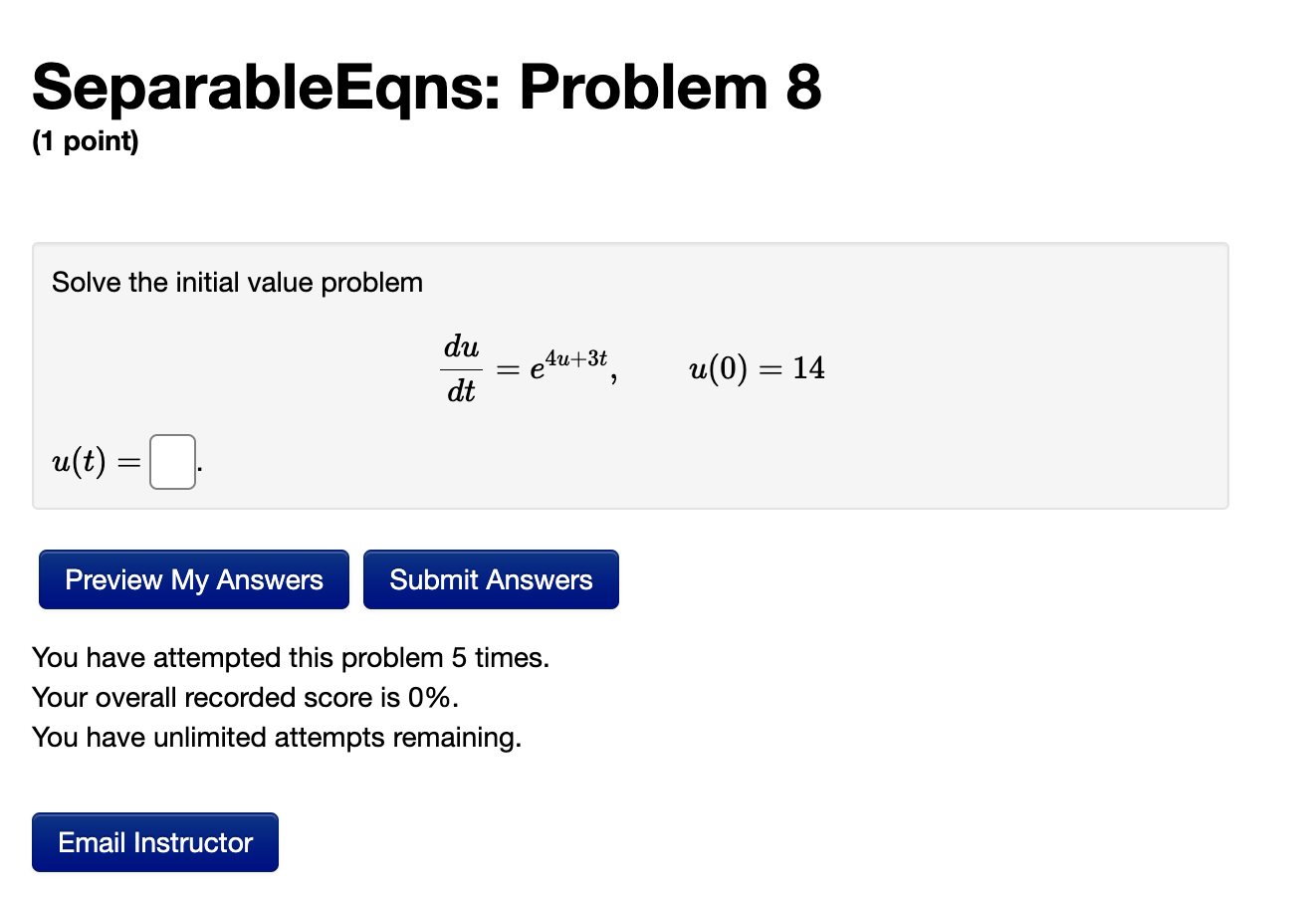 Solved SeparableEqns: Problem 8 (1 point) Solve the initial | Chegg.com
