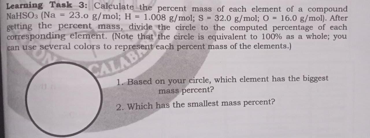 Solved = Learning Task 3: Calculate the percent mass of each | Chegg.com