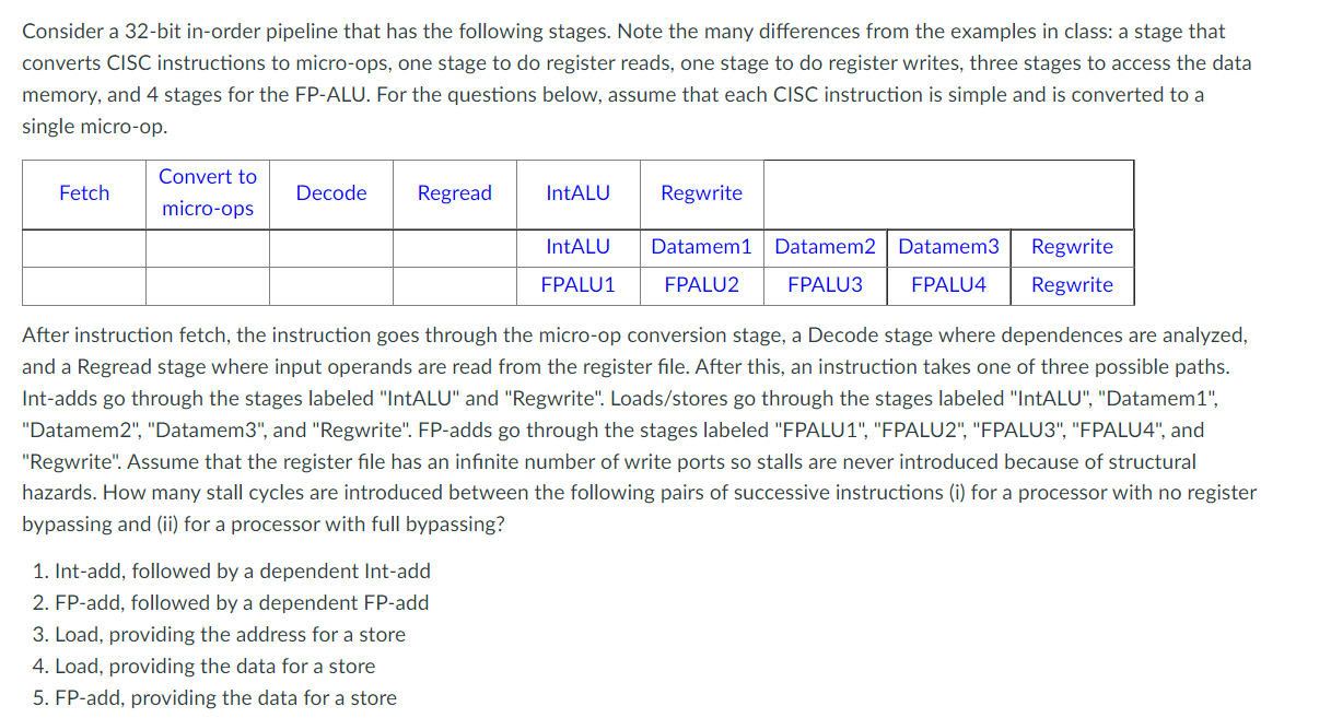 Solved Consider a 32-bit in-order pipeline that has the | Chegg.com