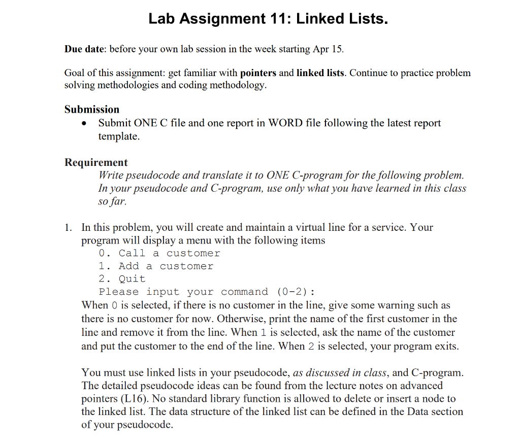 Solved Lab Assignment 11: Linked Lists. Due date: before | Chegg.com