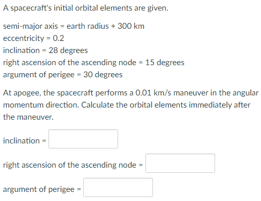 Solved A spacecraft's initial orbital elements are given. | Chegg.com