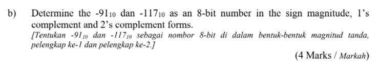 Solved b) Determine the -9110 dan - 11710 as an 8-bit number | Chegg.com