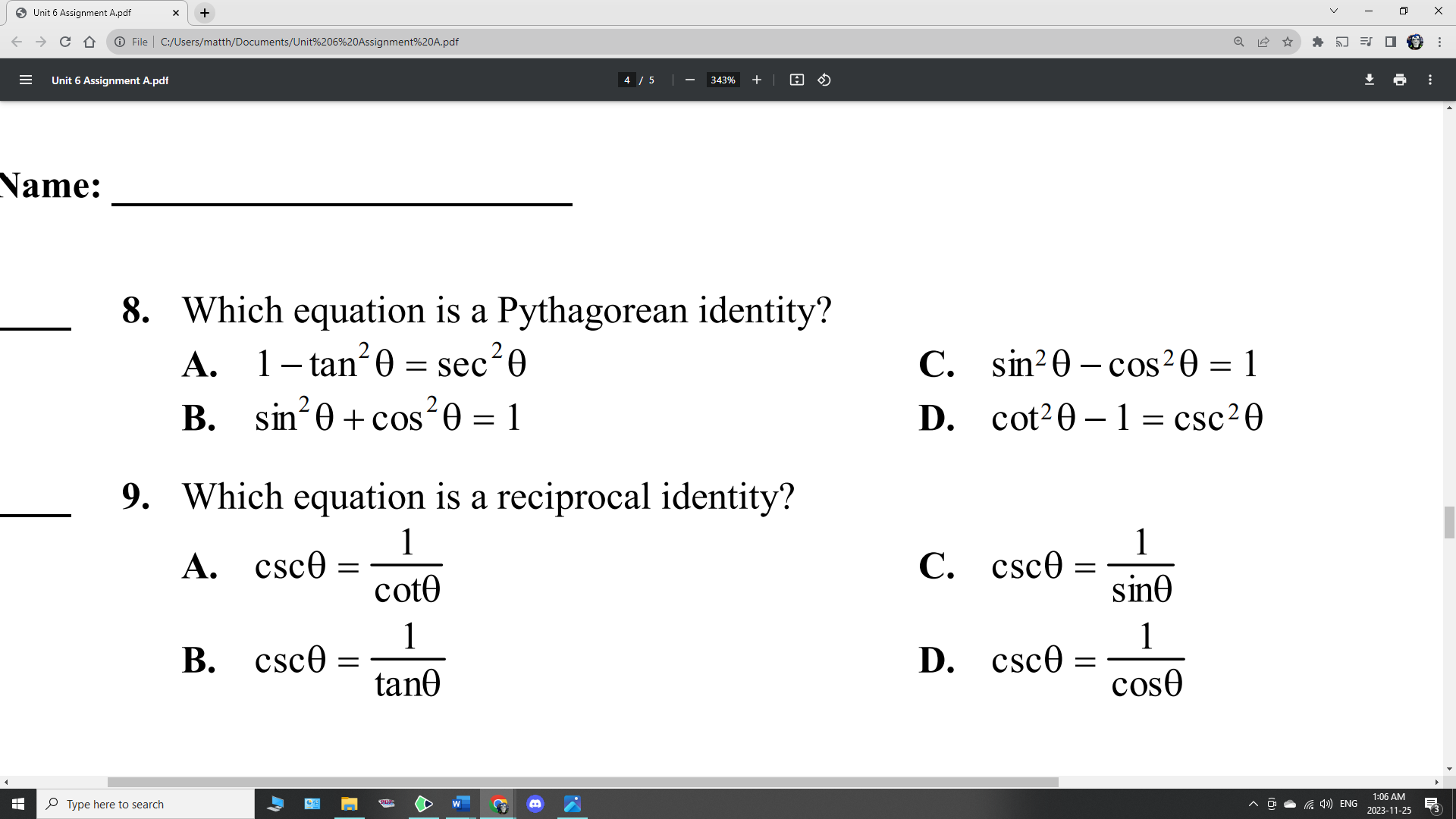 Solved 8. Which equation is a Pythagorean identity? A. | Chegg.com