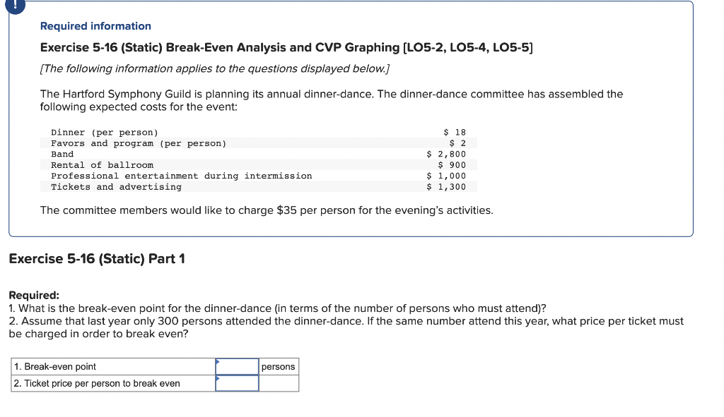 Solved Exercise 5-16 (Static) Break-Even Analysis and CVP | Chegg.com