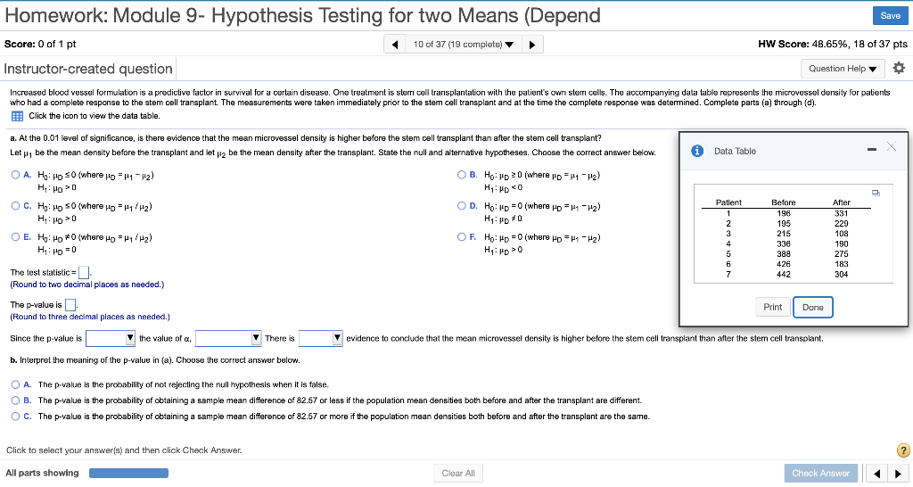Solved Save Homework Module 9 Hypothesis Testing For Two