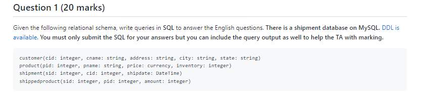 Solved Given the following relational schema, write queries | Chegg.com